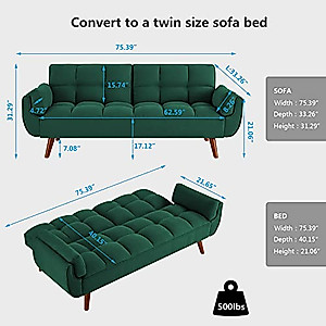 Betoko Convertible Futon Sofa Bed Sleeper Twin Size, Modern Reclining Linen Split Back Sofa Couch with Pillow Top Arm for Compact Living Room,Apartment (Green),(PTARMFUTON)