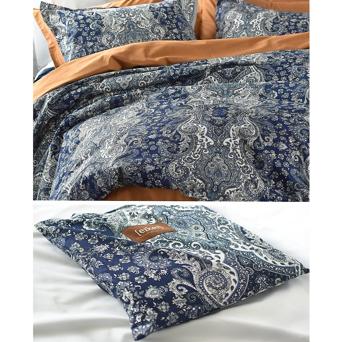 Eikei Home Damask Medallion Luxury Duvet Quilt Cover Boho Paisley Print Bedding Set 400 Thread Count Egyptian Cotton Sateen Vibrant Bohemian Pattern,3 pieces (King, Midnight)