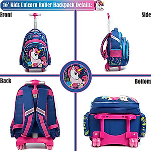 Egchescebo School Kids Unicorn Rolling Backpack With Wheels Trolley Wheeled Backpacks Travel Bags 16' 3PCS Girls Backpack With Lunch Box Blue