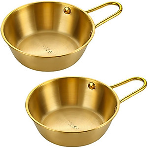 Dadamong 2Pcs Makgeolli Bowls, 304 Stainless Steel Korean Traditional Bowls Round Rice Bowl Wine Cup with Handle, Hiking Soup Dish Food Bowl Camp Cup (Small: 6.5oz, 3.9inch, Gold)