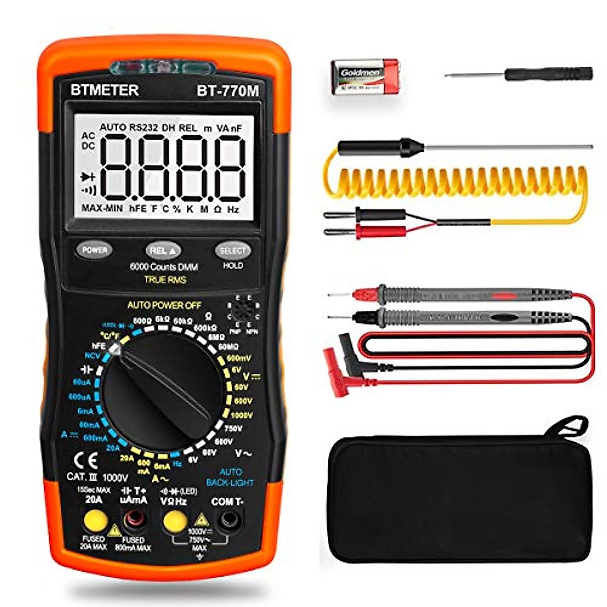 Digital Multimeter TRMS 6000 Count, BTMETER BT-770M Auto/Manual Ranging DMM Electrical Meter Tester for AC/DC Amp, AC/DC Volt, Ohm Capacitance Frequency Continuity Temperature NCV, Auto Backlight