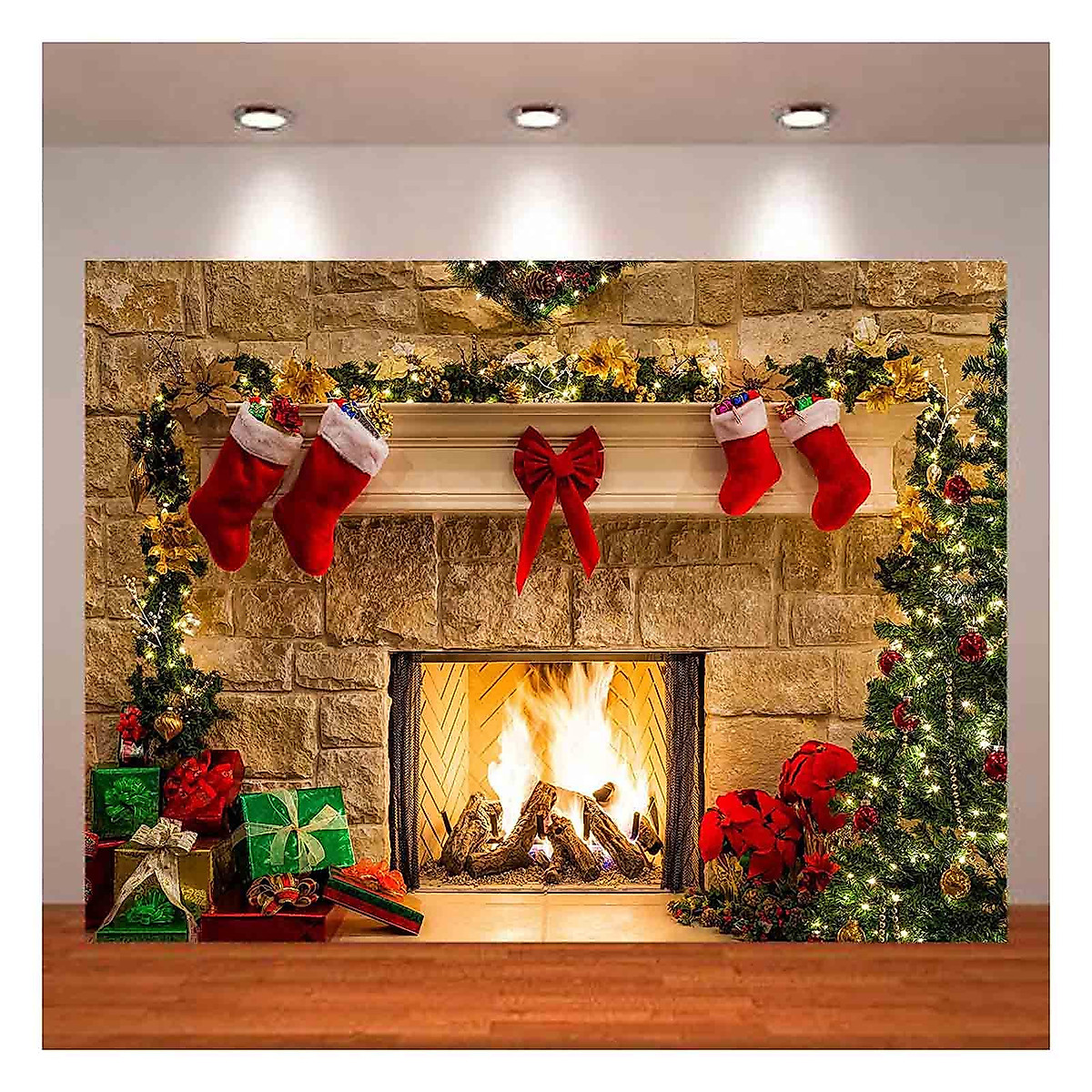 XLL Christmas Photography Backdrops Christmas Fireplace Decoration Background for Photo Happy Holiday Party Decoration Props 7x5FT(210CM X 150CM)