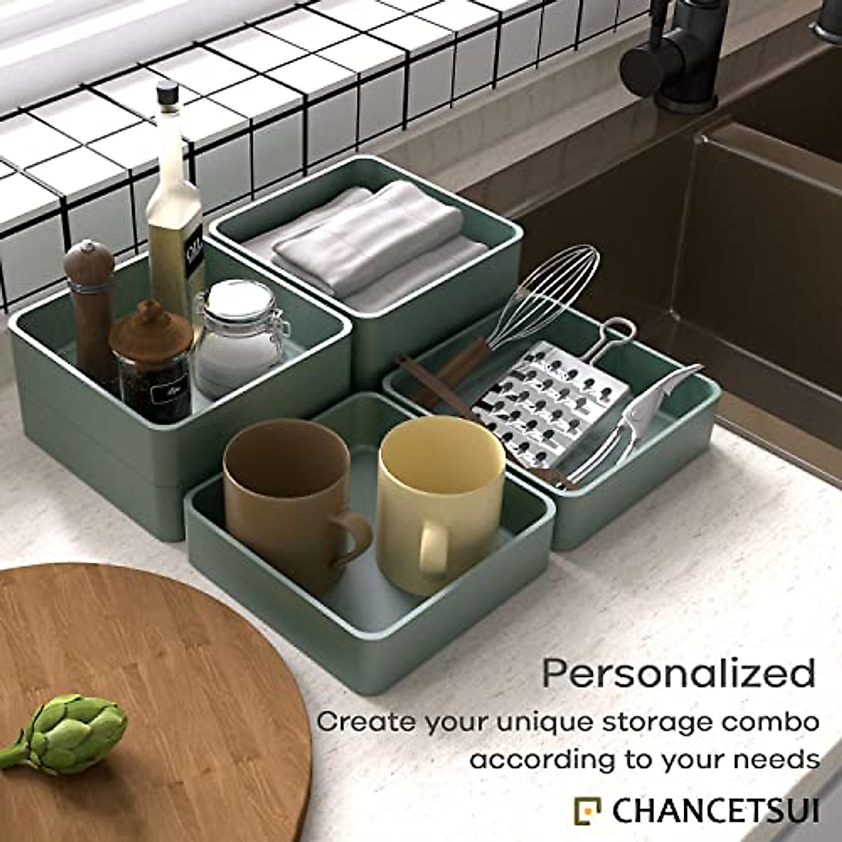 6 Pcs Stackable Drawer Organizer Set, 6.6" X 6.6" Square Plastic Vanity Drawer Organizers and Storage Bins,Desk Drawer Organizer Trays for Makeup,Bathroom Countertop,Office Drawer Divider,Forest Green