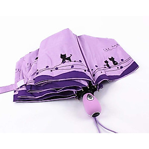 umbresen Windproof Compact Travel Folding Cute Cat Umbrella,Auto Open Close Rain&Sun Lightweight Portable Umbrellas with Cover for Kids Women Men (Purple)