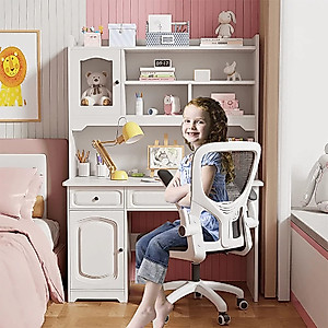 Study Desk with Hutch & Bookshelf & Drawers,Wooden Computer Desk Home Office Desk Teenager Desk,Cute Writing Study Desk Bookshelf Combo for Girl Boy(31.5inch, Pink)