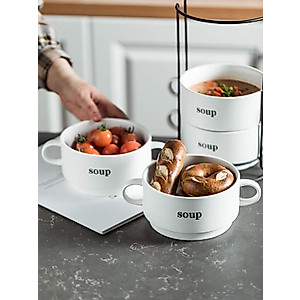 LAUCHUH Soup Bowls Porcelain Soup Crocks with Handles Stackable Soup Mugs for French Onion Bowl Set with Serving Stand 27 ounces for Salad Cereal Fruit