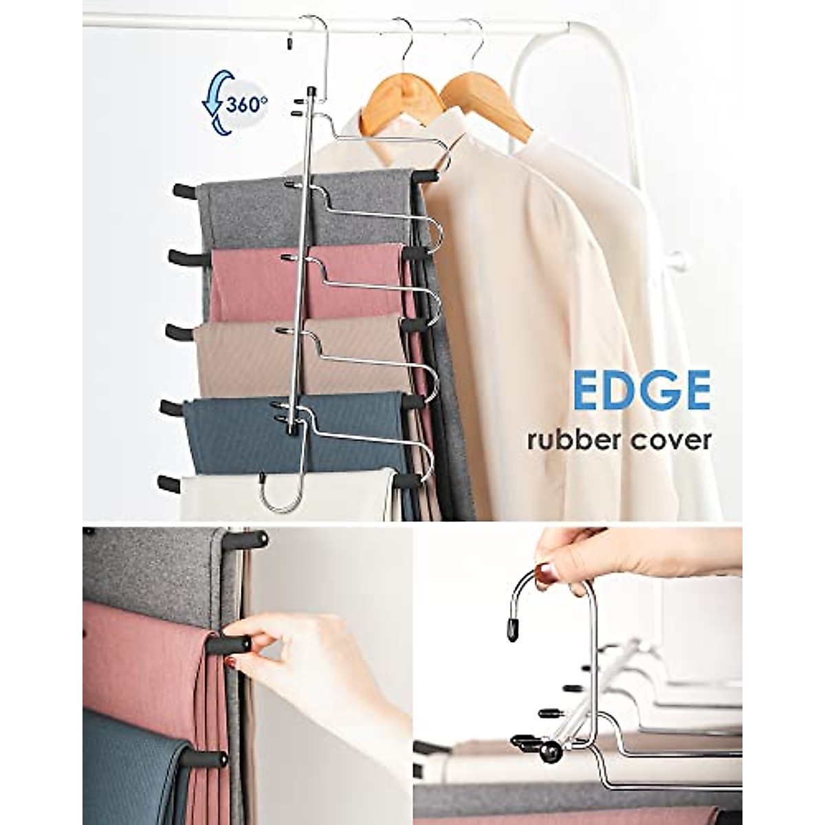 CINKSY Pants Jeans Hangers Space Saving 5 Layers Clothes Hangers with Non-Slip Foam Padded Swing Arm Trousers Hangers Heavy Duty Multi-Layer Pants Rack for Slacks Scarf - 2 Pack