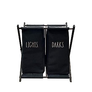 Rae Dunn Folding Laundry Hamper - Two Section Clothes Bin for Easy Divide of Lights and Darks - Foldable Basket for Bedroom, Bathroom, Nursery, Dorm - Metal and Black Fabric Home Décor