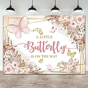 Wollmix Butterfly Baby Shower Decoration for Girl Backdrop 7x5ft A Little Butterfly is on The Way Boho Pink Florals Flowers Photography Background Gold Dost Princess Banner Photo Booth Supplies Props