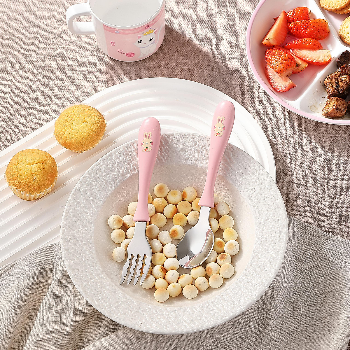 4PCS Toddler Utensils, MONGSEW Toddler Forks and Spoons Set, Premium Food-Grade Stainless Steel Kids Silverware Set with Stylish Squirrel and Rabbit Pattern Handle, Dishwasher Safe