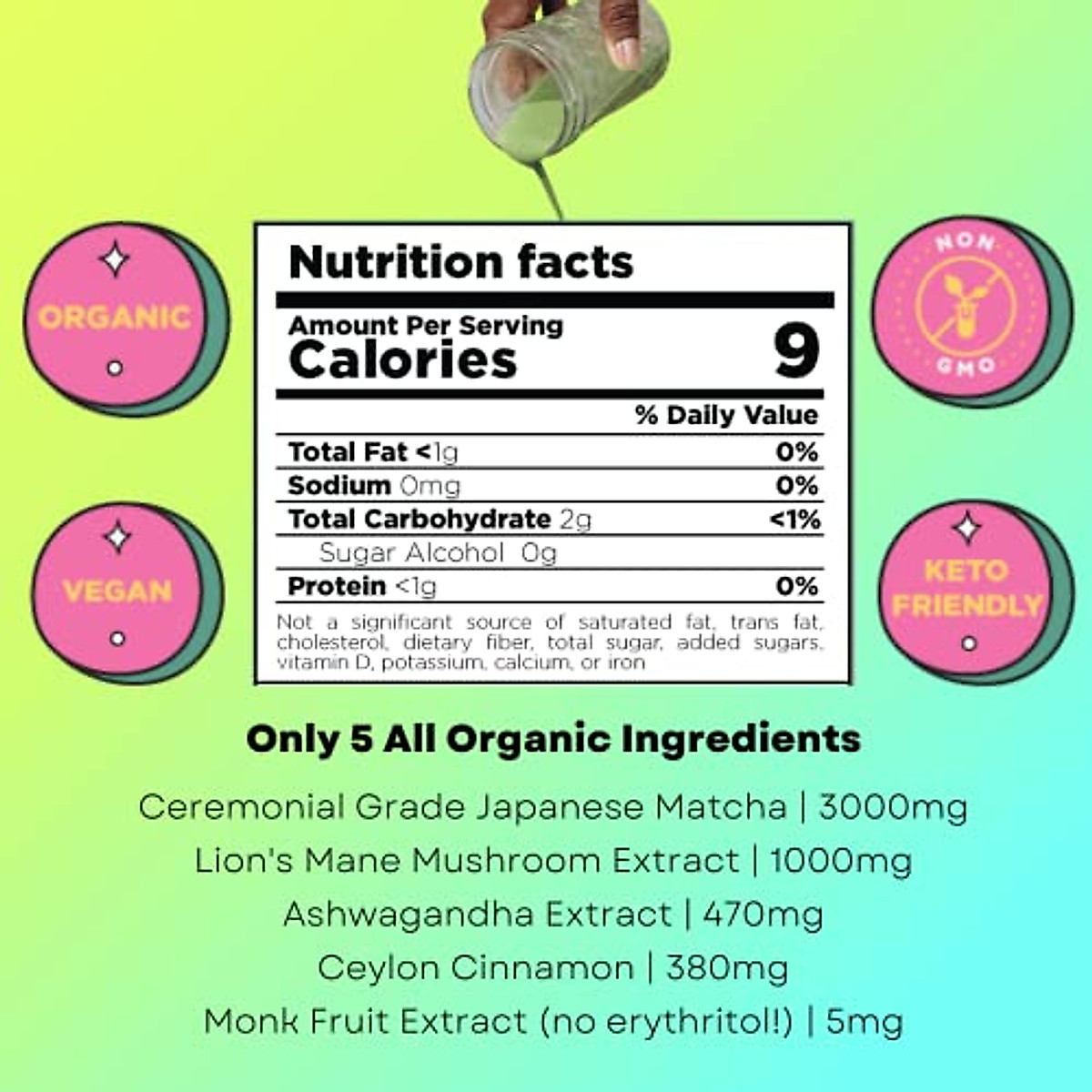 Pow Wonder Matcha | Organic Ceremonial Matcha w/Adaptogens, Mushrooms, Lion's Mane Mushroom and Ashwagandha | Lightly Sweetened (14 Servings)