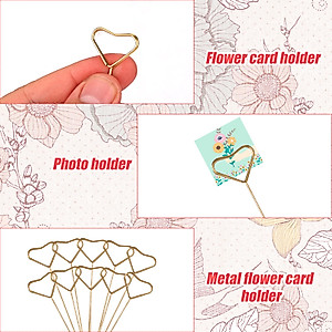 XIHIRCD 20pcs Floral Card Holder Picks, Metal Heart Shape Gift Card Holder Decorative Flower Photo Picture Sticks Clips Golden Card Holder Floral Arrangement for Wedding Party Valentines Centerpiece