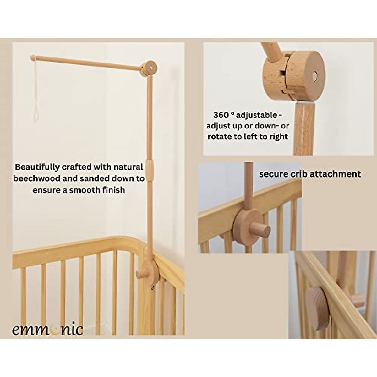 Adjustable Wooden Crib Mobile Arm - 31 inch Baby Mobile Hanger - Made of Beechwood + Strong Silicone Gasket for Secure Crib Attachment - EmmnNic