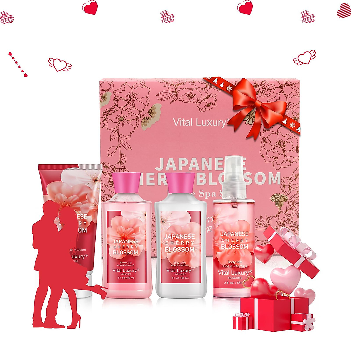 Vital Luxury Bath & Body Kit, 3 Fl Oz, Ideal Skincare Gift Home Spa Set, Includes Body Lotion, Shower Gel, Body Cream, and Fragrance Mist,Valentines Day Gifts for Her and Him (Japanese Cherry Blossoms)
