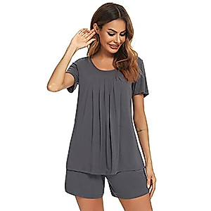 Roojaa Womens Pajama Set Pleated Loose Short Sleeve Pjs Soft Summer Casual Sleepwear Dark Grey