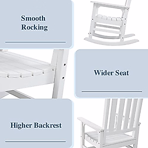 Psilvam Patio Rocking Chair, Poly Lumber Porch Rocker with High Back, 350Lbs Support Rocking Chairs for Both Outdoor and Indoor, Poly Rocker Chair Looks Like Real Wood (White)