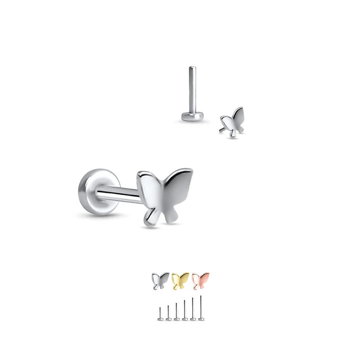 Rose-Tone 316 Stainless Steel Threadless Push Pin Nose Ring Labret Monroe Stud Butterfly, 3/8" (10mm) Post Length 16G