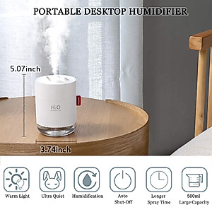 FoPcc 500ml Portable Humidifier, Mini Cool Mist Humidifier with Night Light, USB Personal Humidifier Auto Shut-Off, Ultra-Quiet, 2 Spray Modes, Suitable for Home Baby Bedroom Office Travel (White)