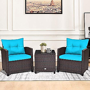 HAPPYGRILL 3-Piece Patio Furniture Set Outdoor Rattan Wicker Bistro Sofa Set Conversation Furniture with Cushion & Table