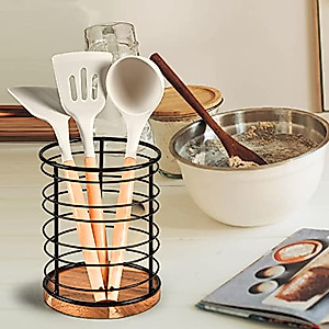 Utensil Holder for Kitchen Counter, Black Metal Wire Cooking Utensil Holder with Acacia Wooden Base, Large Kitchen Utensil Holder for Countertop