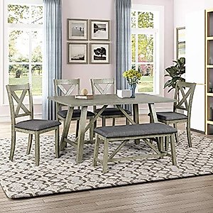 Merax 6-Piece Rustic Style Rectangular Wooden Dining Table Set with Padded Bench and 4 Chairs, Gray