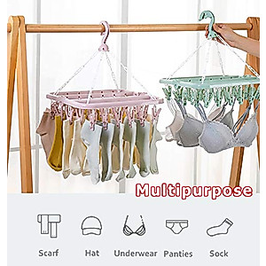 Rivama Clothes Drying Hanger with 32 Clips,Baby Clothes Drying Rack,Sock Clips for Laundry Foldable Clothes Hangers for Drying Socks,Towels,Underwear,Bras,Diapers,Baby Clothes,Gloves,Hat (Light Blue)