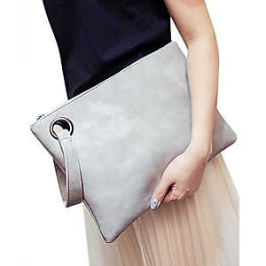 C.C-US Women Oversized Envelope Handbag Soft Leather Clutch Evening Bag Purse with Wrist Strap, Grey, One Size