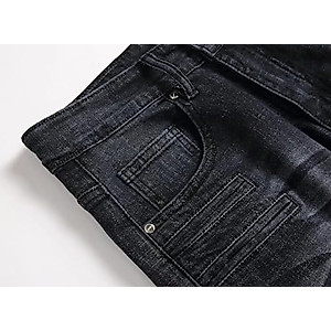 HENGAO Mens Cargo Jeans Ripped Skinny Slim Fit Stretch Jeans, Distressed Destroyed Straight Denim Pants with Pockets, 1755 Black, 40