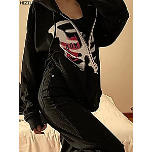 Women's Y2K Vintage Graphic Zip Up Hoodie Oversized Casual Drawstring Hoodie E-Girl 90s Streetwear Jacket Tracksuit(C-black,L)