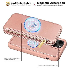 CIVICASE 2 in 1 Wallet Case for iPhone 13 / iPhone 14,Magnetic Detachable Flip Folio Phone Case,RFID Card Protection,6 Card Slots Zipper Pocket,Wireless Charging Compatible Magsafe [Rose Gold]
