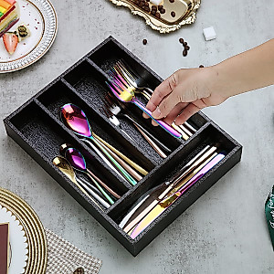 Kyraton Black Leather Wood Kitchen Flatware Drawer Organizers, Silverware Drawer Organiser and Cutlery Tray, Utensil Tray Drawer Organizer, Cutlery Flatware Organizer With Drawers