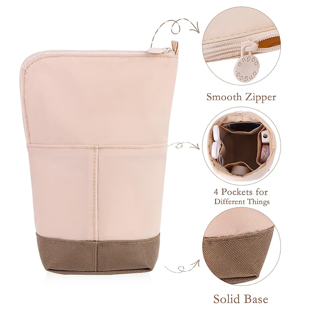 iSuperb Standing Pencil Case Large Pencil Pouch Pen Holder Makeup Cosmetics Bag for Women Office (Beige)