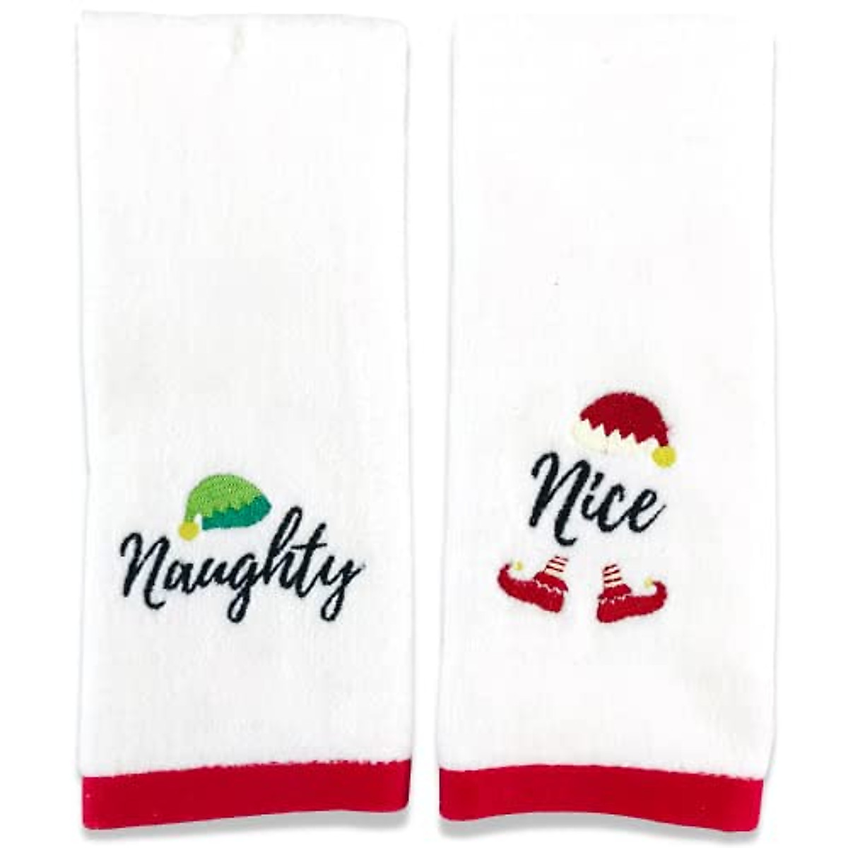 Serafina Home Holiday Christmas Fingertip Towels: White Terry Cotton Embroidered Naughty Nice Elf Hats with Red Border