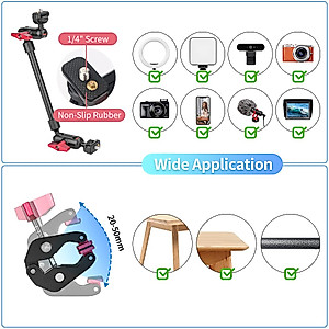 JEBUTU 13"/34cm Magic Arm w Clamp, Camera Mount & Clamp w 1/4" 3/8" Threads and Articulating Friction Magic Arm, Overhead Phone Mount, Camera Boom Arm Mount for Light Webcam Mic Action Camera Monitor