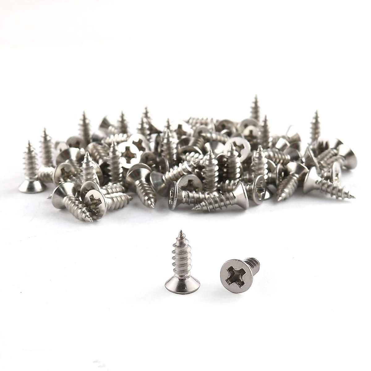 E-outstanding 100pcs #4 x 3/8" Phillips Wood Screw Stainless Steel 304 Flat Countersunk Head Self Tapping Screw, Silver Tone