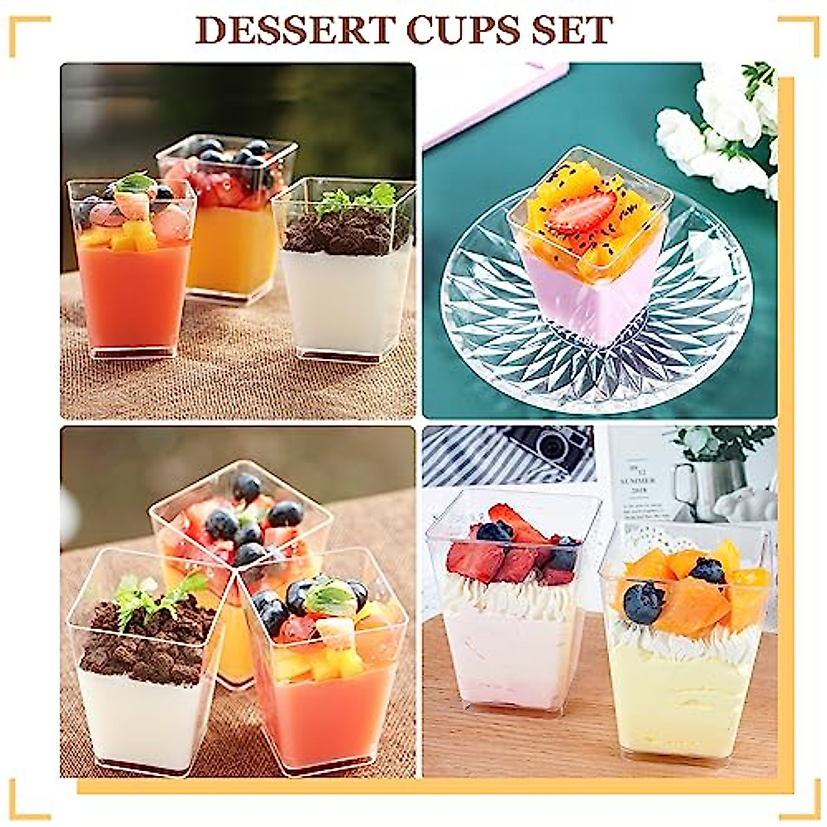 mwellewm 300 Packs Dessert Cups with Spoons, 5 OZ Mini Clear Plastic Dessert Parfait Cup for Party, Square Dessert Shot Glasse Round Goblet Small Reusable Fruit Ice Cream Pudding Appetizer Cup Bowls