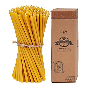 Viyffo 6.3 Inch Natural Beeswax Taper Candles Set of 100 Unscented, Dripless, Smokeless Thin Tapered Candlesticks for Church Prayer, Decor, Birthday, 6.3”x0.2”
