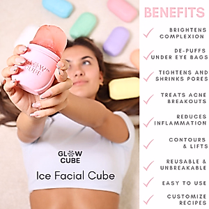 Glow Cube Ice Roller For Face Eyes and Neck To Brighten Skin & Enhance Your Natural Glow/Reusable Facial Tool to Tighten & Tone Skin & De-Puff The Eye Area (Pastel Pink)
