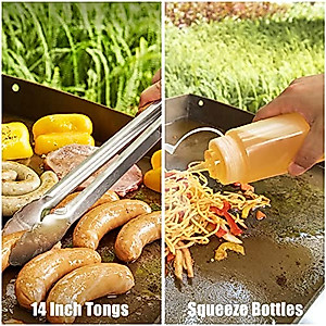 Heavy-Duty Griddle Spatula Set for Blackstone, Heat-Resistant Wooden Handle, Come with Tongs and Squeeze Bottles, 7-Piece