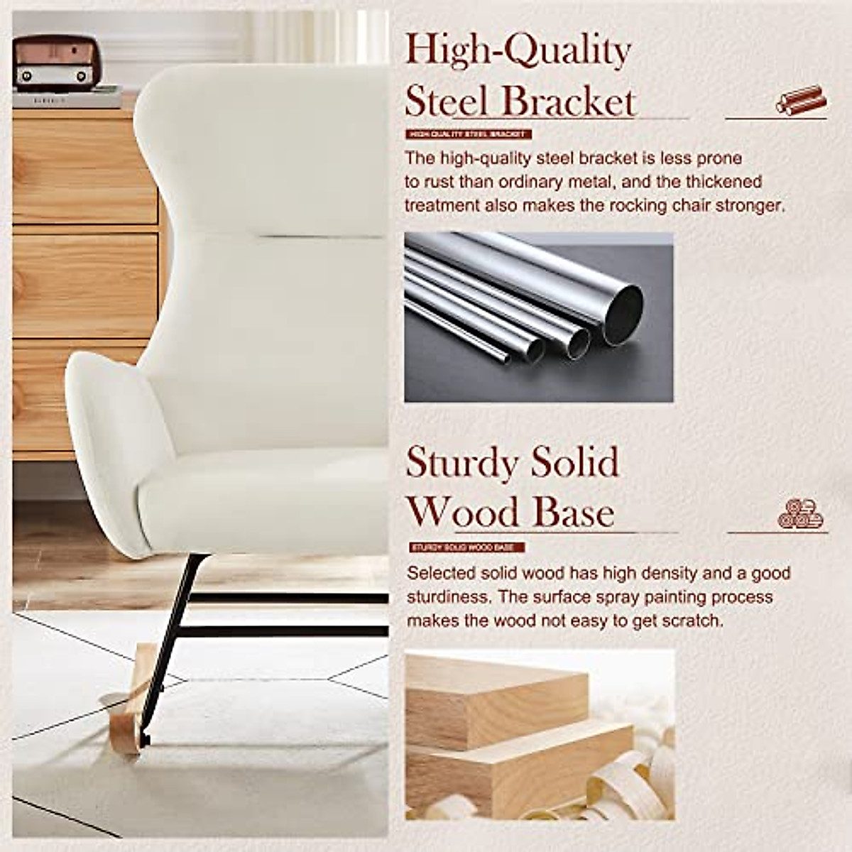 Velvet Rocking Chair for Baby Nursery, Comfy Small Rocker with 2 Pockets, Modern Upholstered Accent High Back Armchair for Living Room, Bedroom, and Office (Off White Velvet)