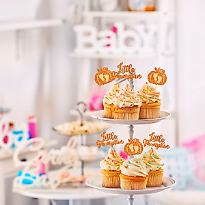 24Pcs Little Pumpkin Cupcake Toppers Glitter Pumpkin Cupcake Picks Little Pumpkin Baby Shower Decorations Fall Harvest Theme Baby Shower Kids Birthday Party Supplies