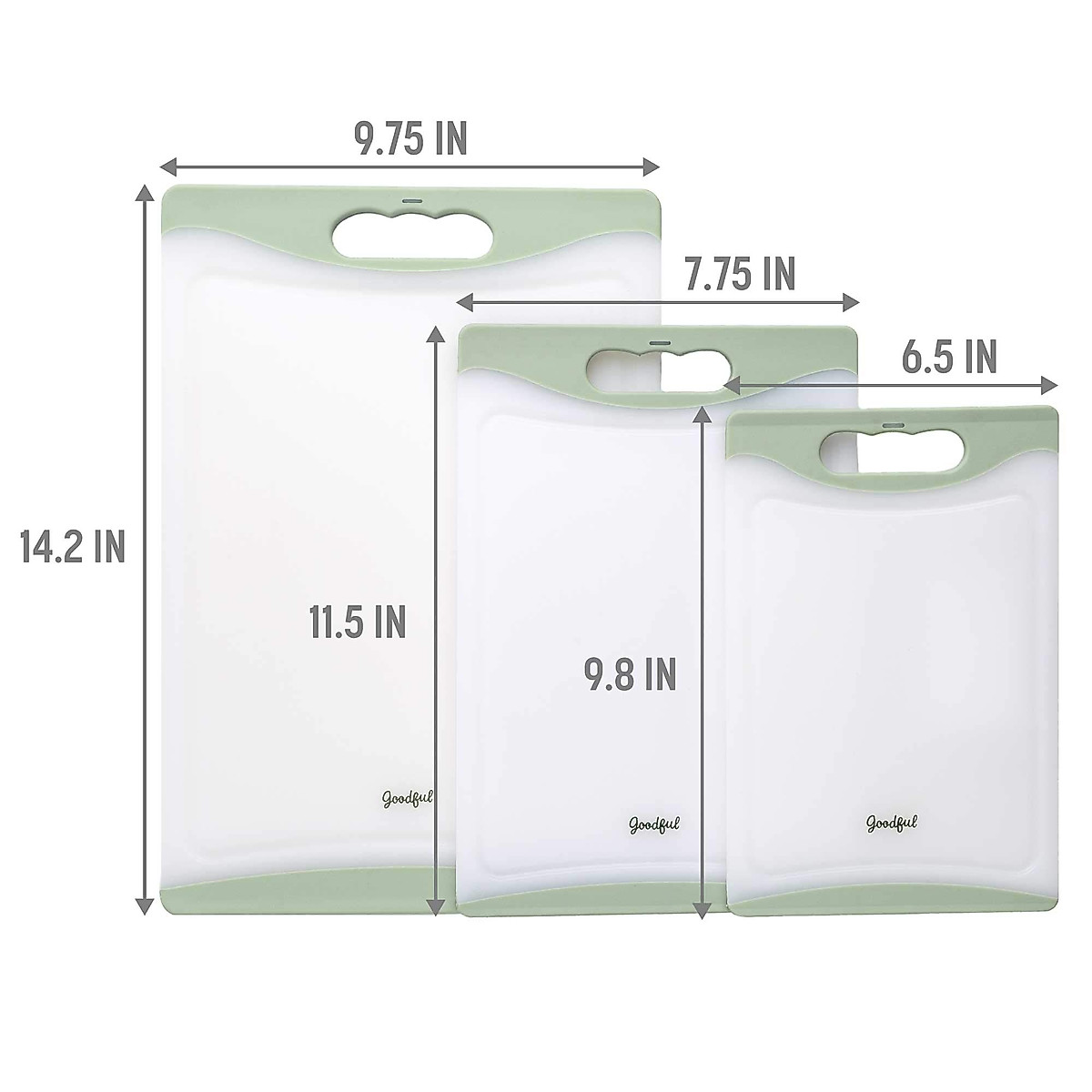 Goodful Cutting Board (3 Piece Set)- Non-Slip Edges, Easy Grip Handles, Made without BPA, Non-Porous, Dishwasher Safe, Multiple Sizes, Sage