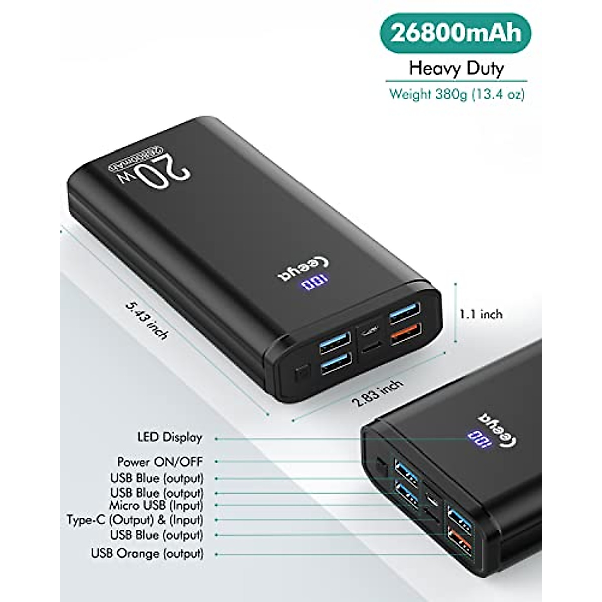 Ceeya Portable Charger PD 20W Battery Pack USB C high-Speed Charging 26800mAh Power Bank LCD Display with Type C Out & in,External Battery Backup for MacBook,iPhone 12,13,14,Samsung,Heated Vest,etc