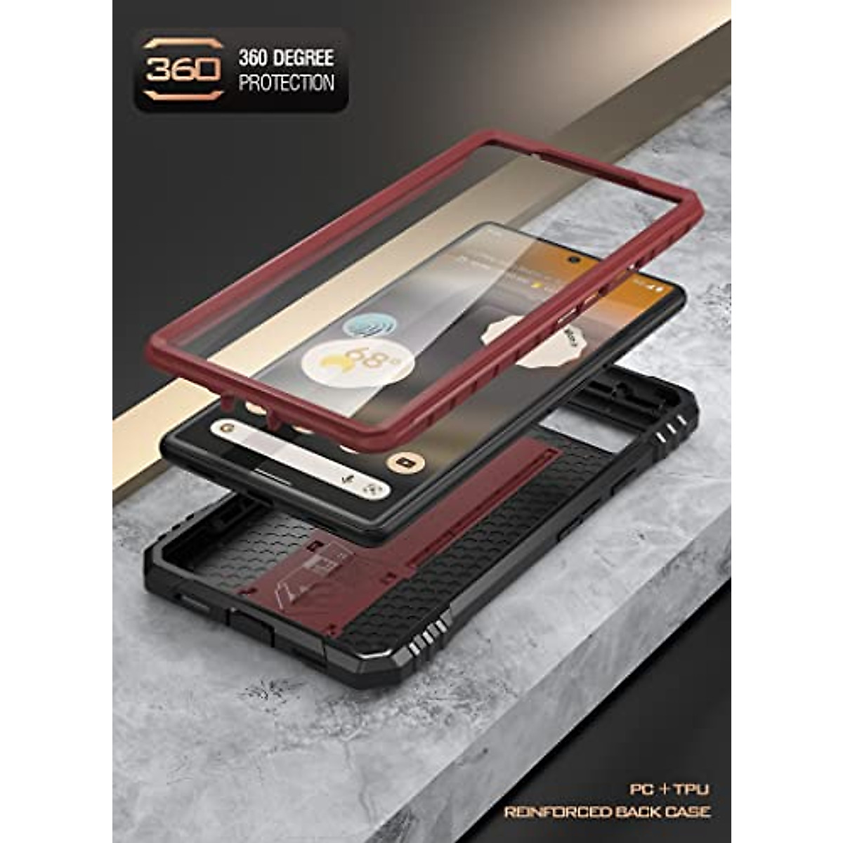 Poetic Revolution Series Case for Google Pixel 6A 5G, Built-in Screen Protector Work with Fingerprint ID, Full Body Rugged Shockproof Protective Cover Case with Kickstand, Maroon Red