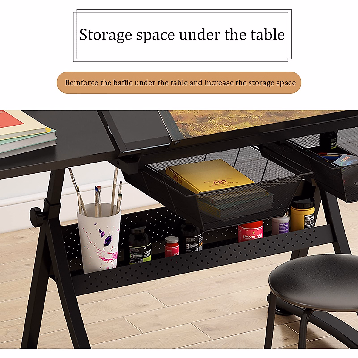 Drawing Table Glass Drafting Table Art Desk with Stool, Height Adjustable Drawing Desk Art Table for Artists, Upgraded Tiltable Tabletop Art Craft Desk Painting Work Station for Reading Writing Drawin