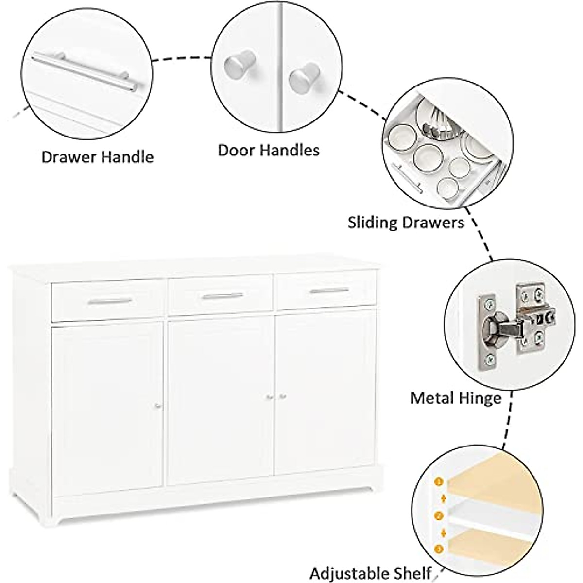 VINGLI Sideboard Cabinet Buffet Table Kitchen Storage Cabinet White Credenza Sideboards and Buffets with Storage Coffee Bar Cabinet with 3 Drawers and Doors for Home Kitchen, Dining Room, Living Room