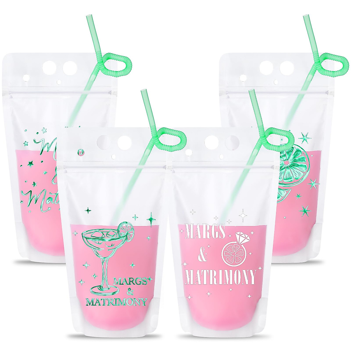 Qilery 24 Pack Margs and Matrimony Bachelorette Party Drink Pouches with Straws, Margarita Drink Bags Handheld Reclosable Zipper Drink Pouch Cups for Bridesmaid Favor Wedding and Bridal Showers