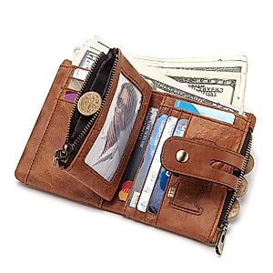 boshiho Real Leather RFID Blocking Bifold Wallets for Men Double Zipper Coin Pocket Purse with Anti-Theft Chain (Khaki)
