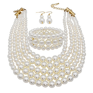 MeliMe Faux Big Pearl Srand Necklaces for Women 5 Layers Pearl Bib Collar Necklace Bracelet and Earrings set 1920s Costume Pearl Jewelry Bridal Wedding gift (white pearl necklace set)