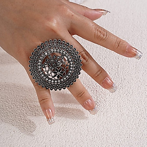 Jumwrit Rhinestone Big Round Ring Open Wrap Ring Vintage Ring with Flower Engraved Statement Ring Adjustable Finger Ring Indian Ring for Women and Girls（Silver）